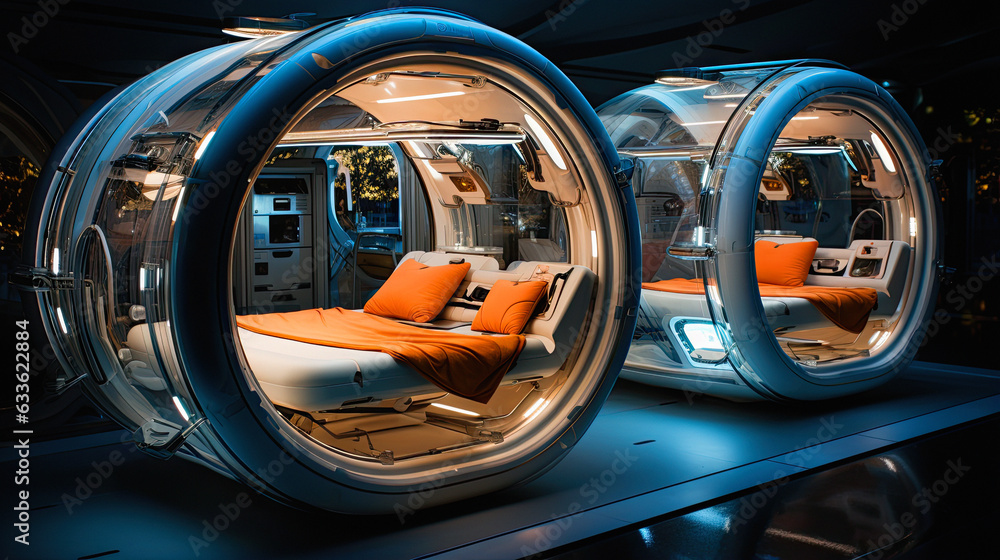 space ship interior with individual living pods for humans to sleep ...