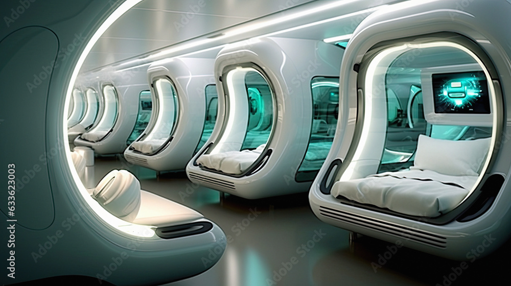 space ship interior with individual living pods for humans to sleep ...