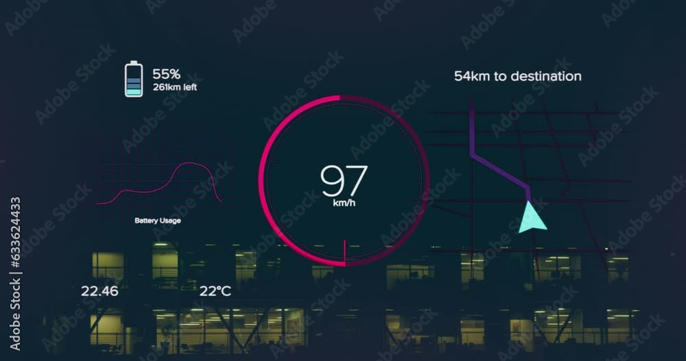 Animation of changing numbers in loading circle, battery icon and navigation pattern over ...