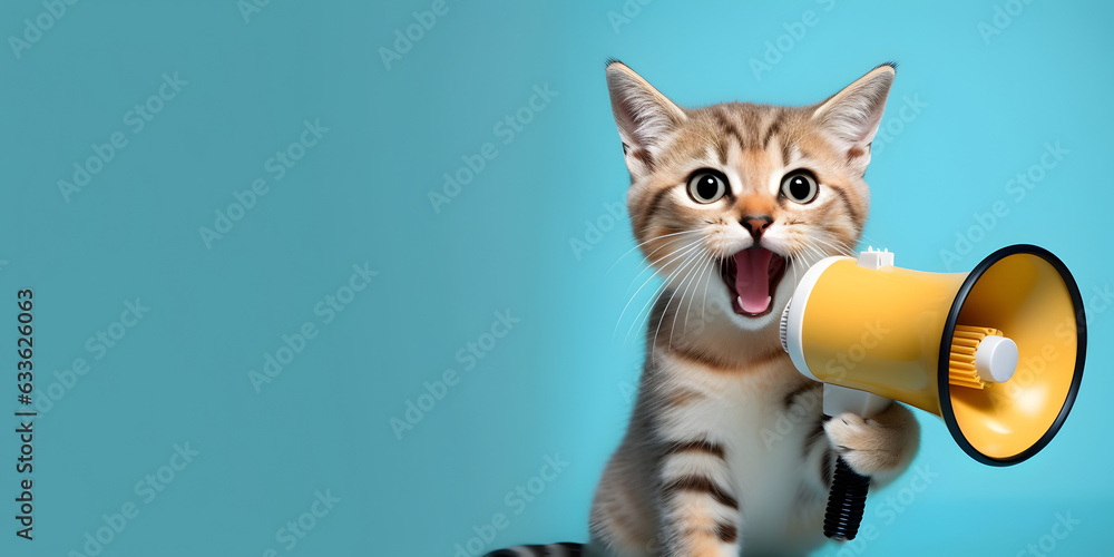 Cat announcing using hand speaker. Notifying, warning, announcement ...