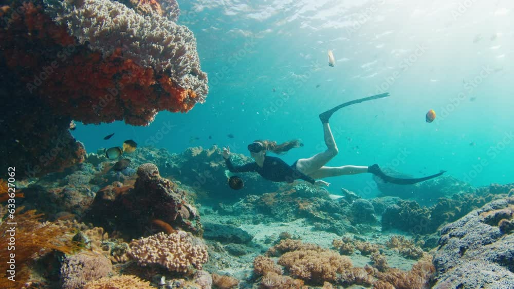 Woman freediver swims with fish on reef. Young female freediver swims ...