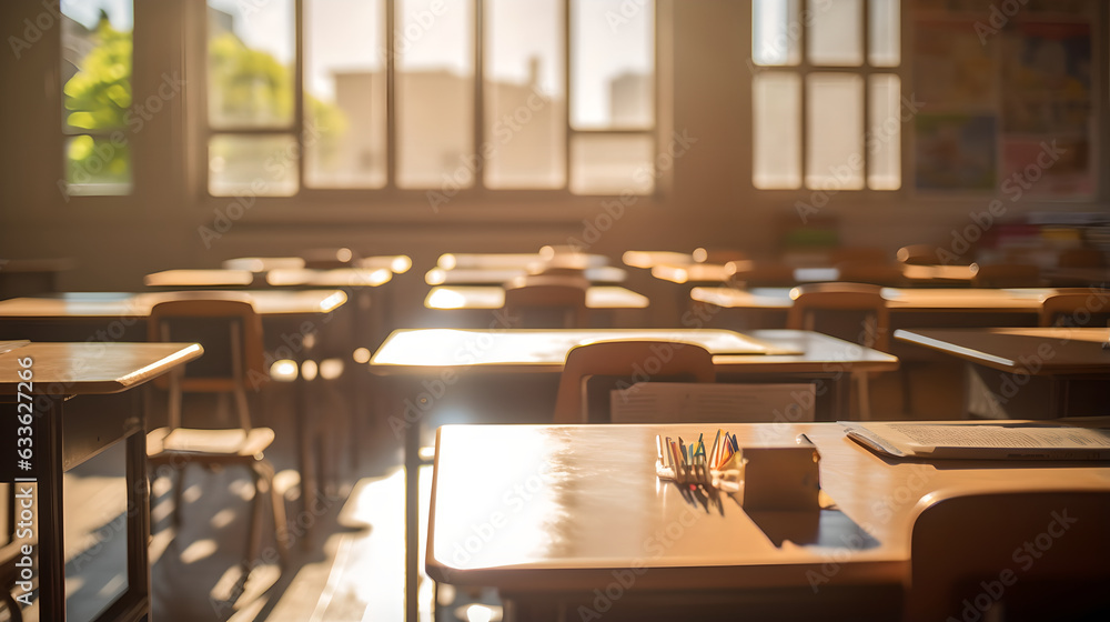 Empty school classroom without young student. Blurry view of elementary ...