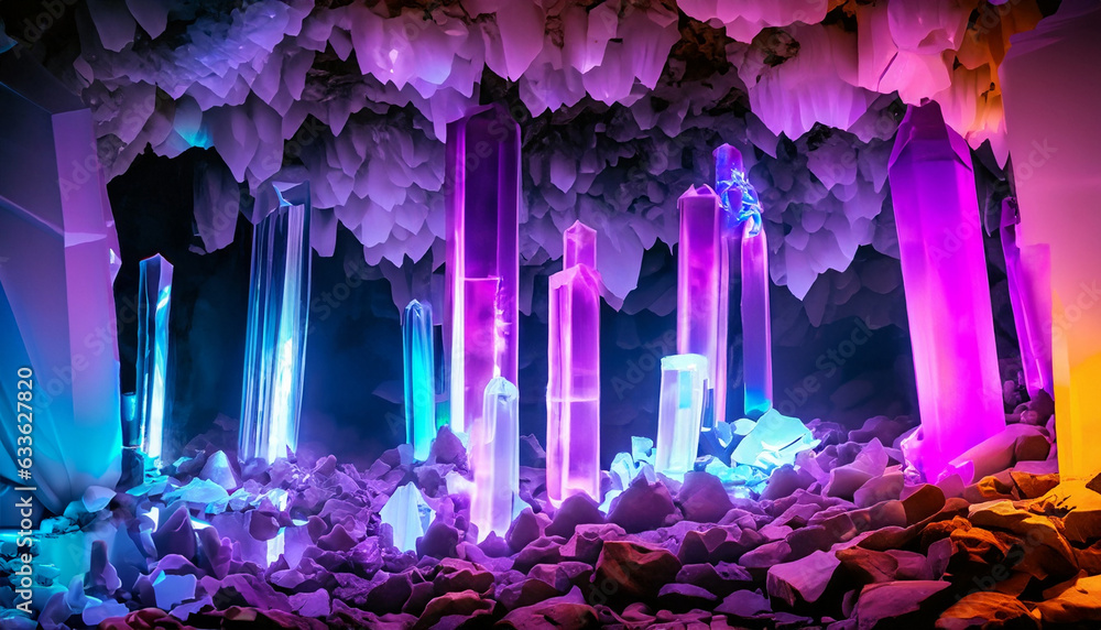 A vast underground crystal cave filled with giant, luminescent crystals ...