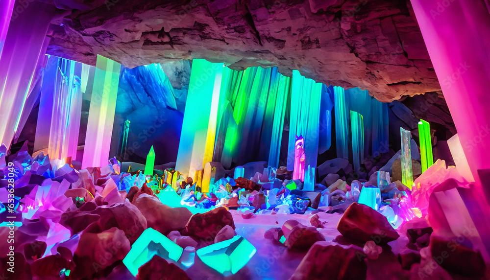 A vast underground crystal cave filled with giant, luminescent crystals ...