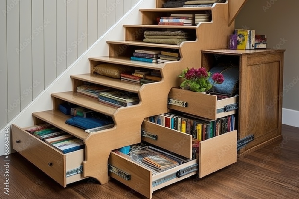 pull-out drawers under stair steps, filled with books Stock Photo ...