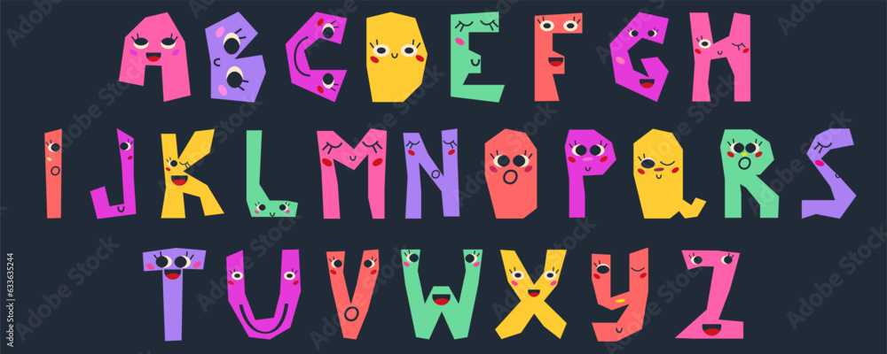 Font funky alphabet for kids with character. Playful font childich ...