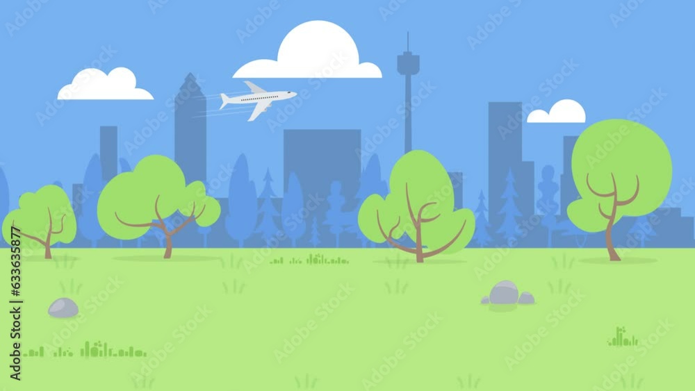2D explainer animation loop background with blue sky, sun, tree and ...