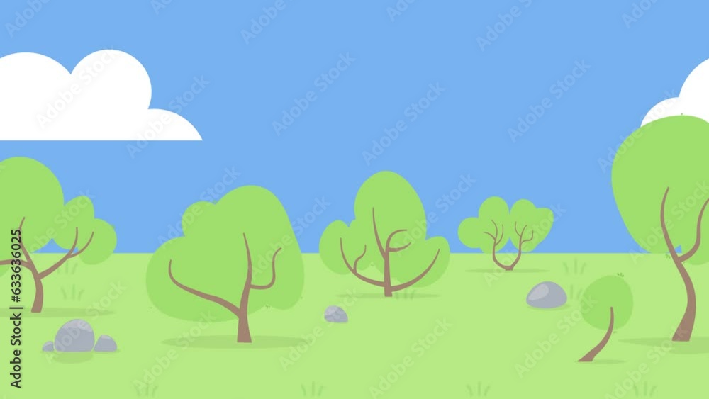 2D explainer animation loop background with blue sky, sun, tree and ...