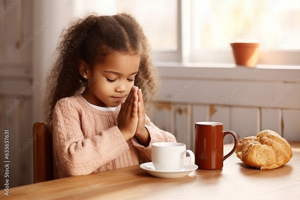 Happy multiracial family couple with children pray together before ...