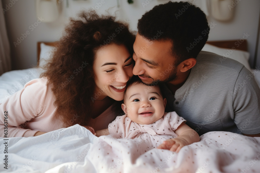 Multiracial diverse young family couple playing with cute baby child in ...