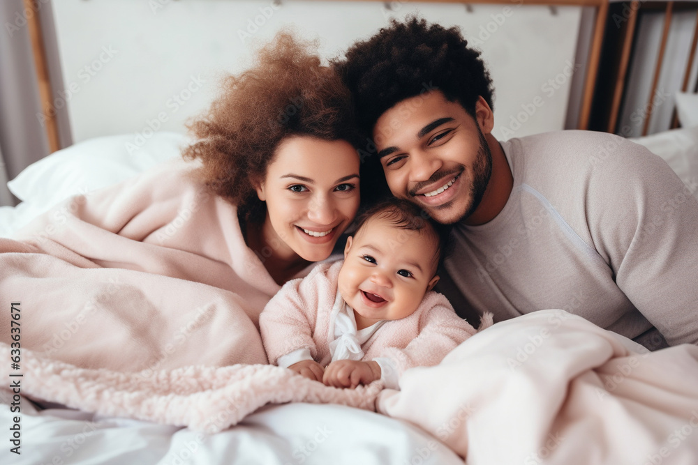 Multiracial diverse young family couple playing with cute baby child in ...