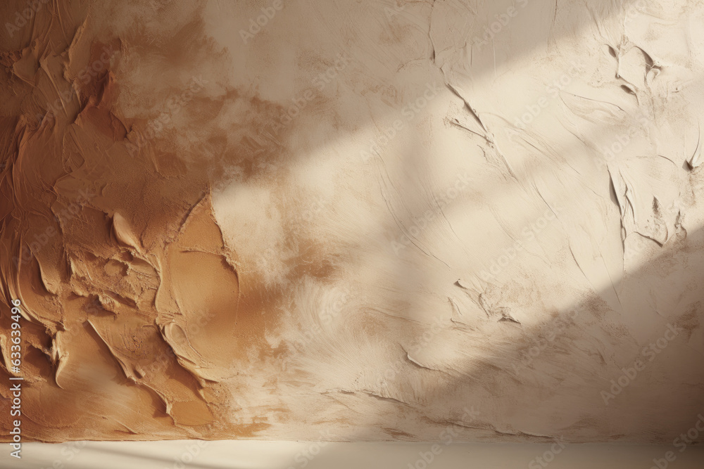 Sandy terracotta plaster wall with shadows from sunlight. Abstract ...