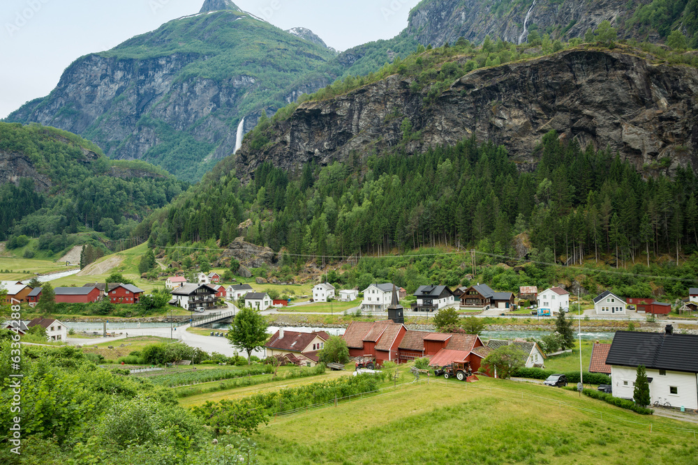Top view of the Flame village from the train window. The Flam Railway ...