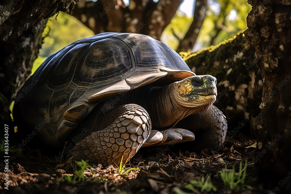 A serene and wise giant tortoise resting under the shade of an ancient ...