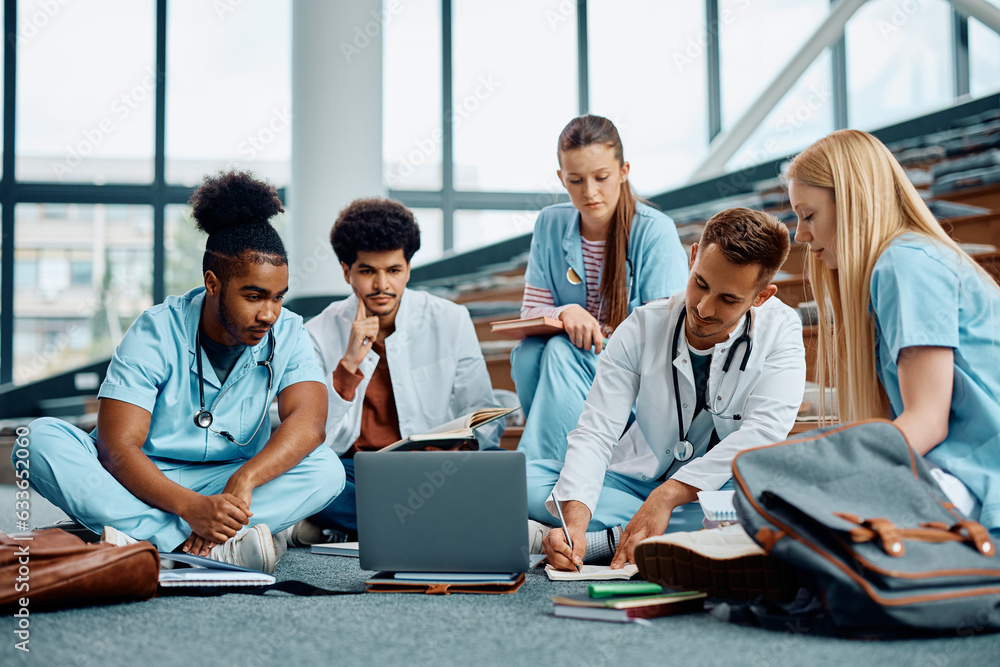 Multiracial group of medical students using computer while studying in ...