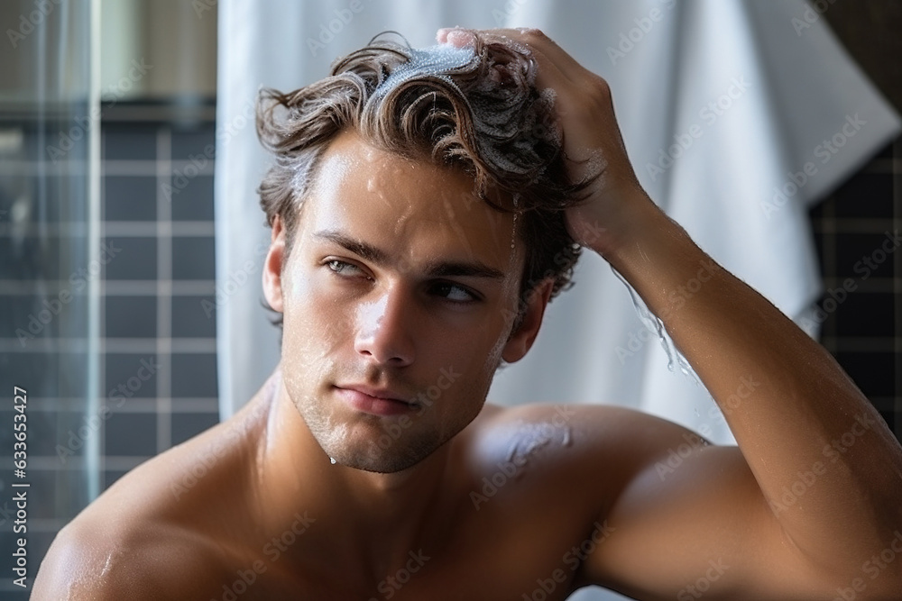 Handsome young man applying shampoo on his hair, preparing for a wash ...