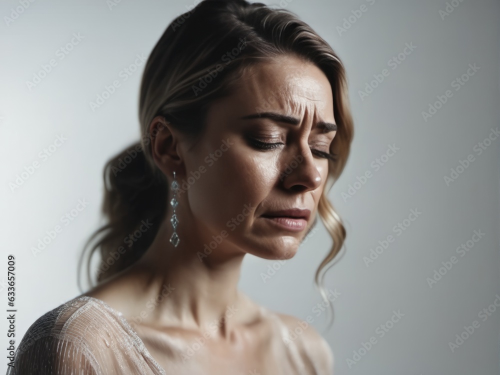 Sad desperate grieving crying woman with tears eyes during trouble ...