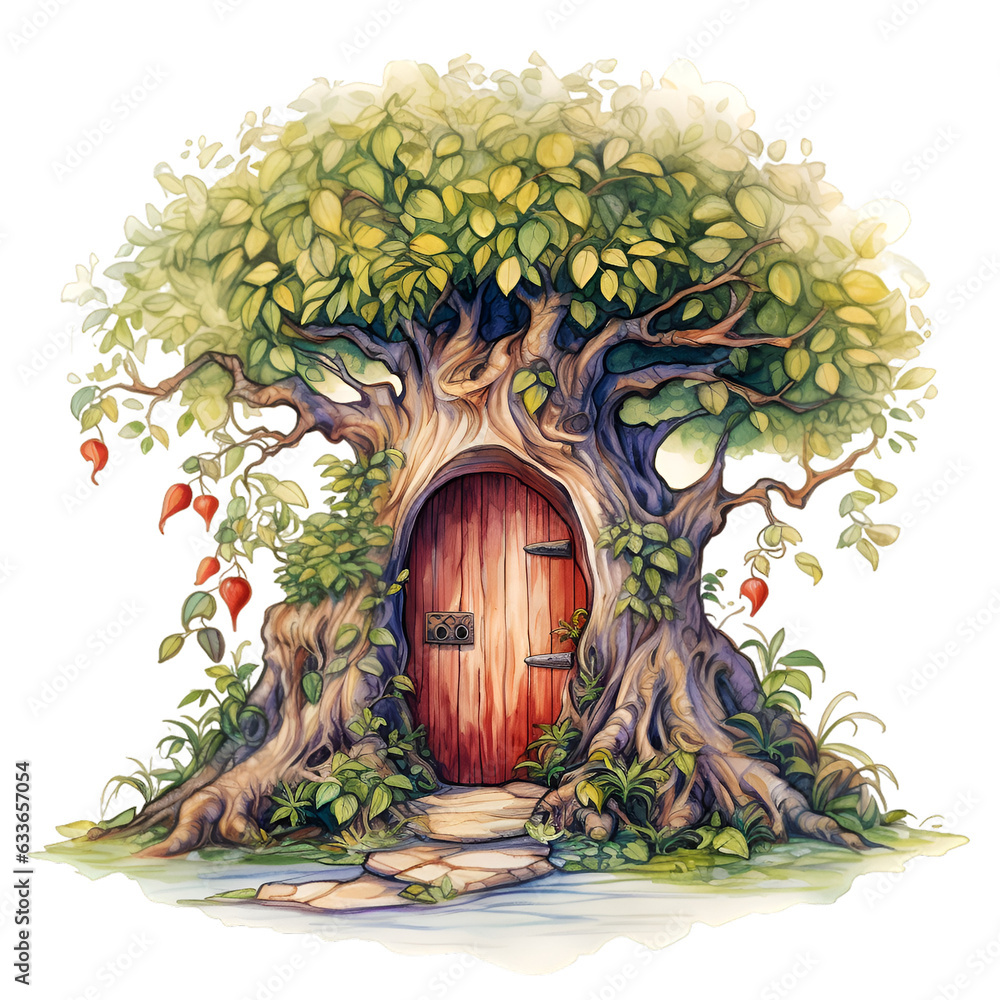 Watercolor forest door illustration in a tree, hollow. Generative AI ...