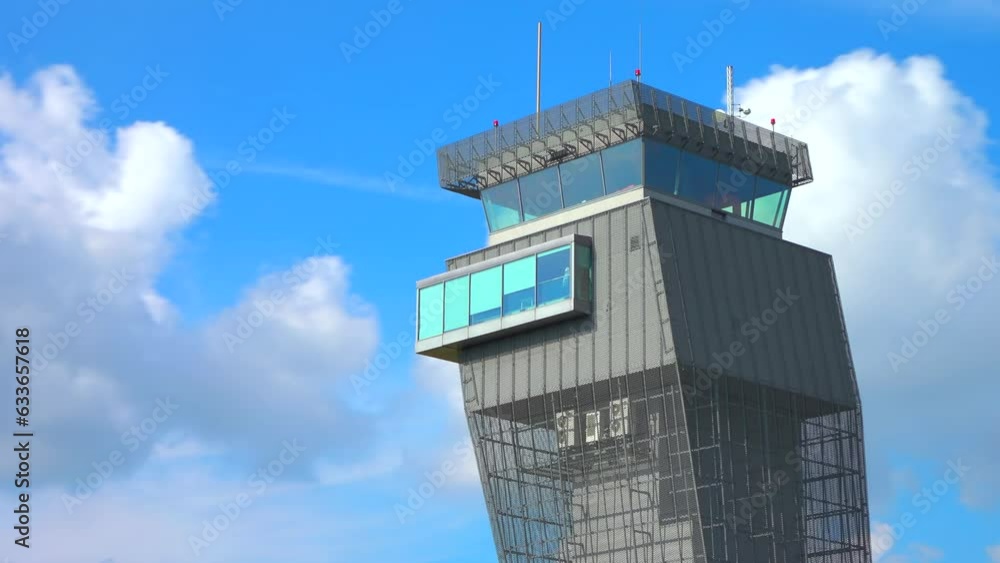 Air traffic high control tower with windows, steel and metal elevation ...