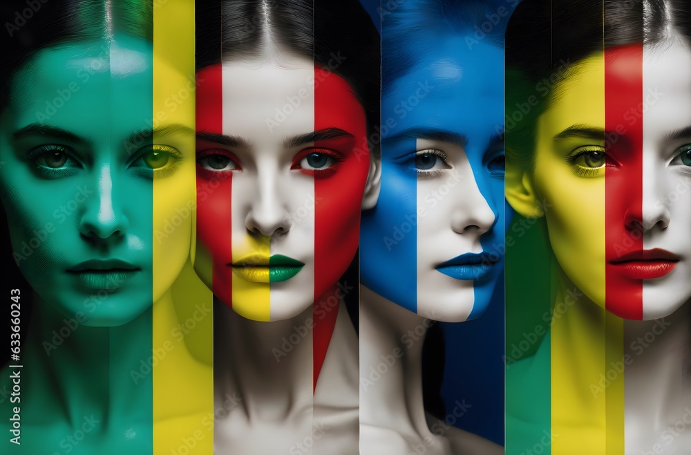 Four verticaly Sections close-up Portrait of single face Divided by ...