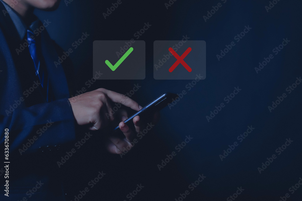 Businessmen think and choose between right and wrong symbols. True and ...