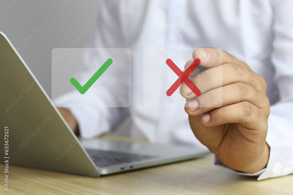 Businessmen think and choose between right and wrong symbols. True and ...