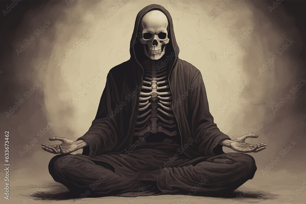 Human skeleton meditating in lotus pose. Man meditating in lotus ...