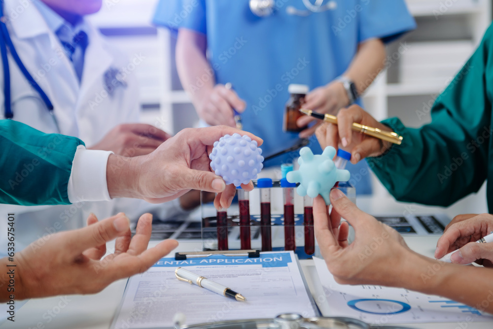 Medical technology network team meeting concept. Doctor hand working ...