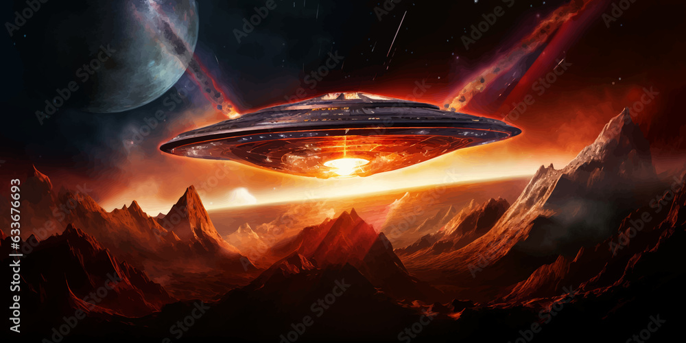Futuristic spaceship in the fire. Alien spaceship flying in deep space ...
