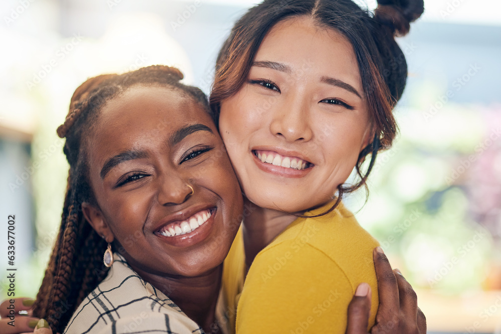 Face Smile And Lesbian Couple Hug In Home Bonding And Having Fun