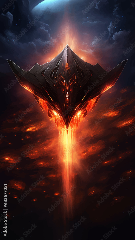 Futuristic spaceship in the fire. Alien spaceship flying in deep space ...