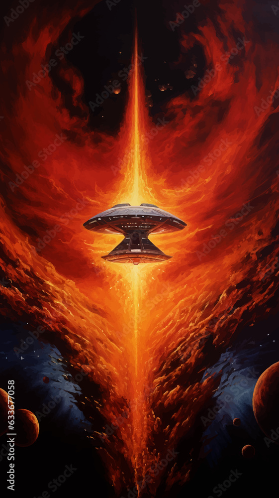 Futuristic spaceship in the fire. Alien spaceship flying in deep space ...