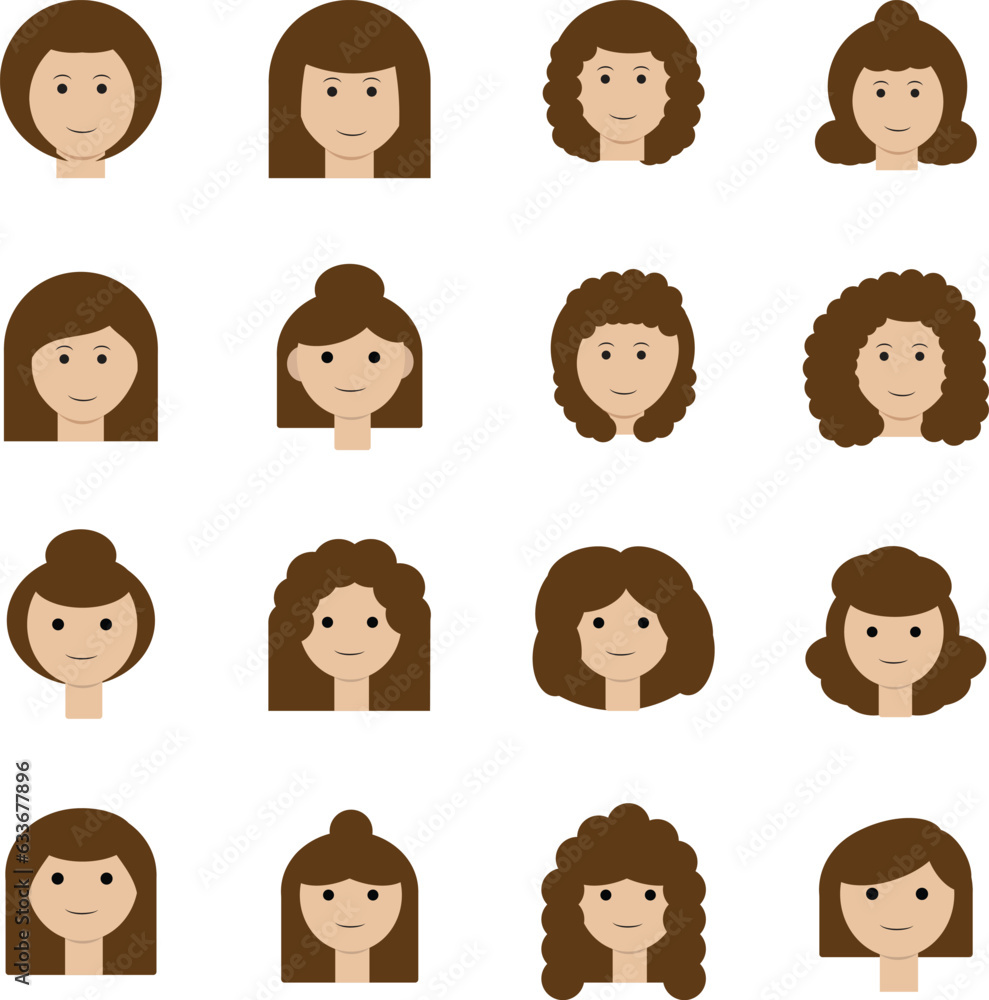 set of Character heads, Collection of cartoon faces with different hair ...