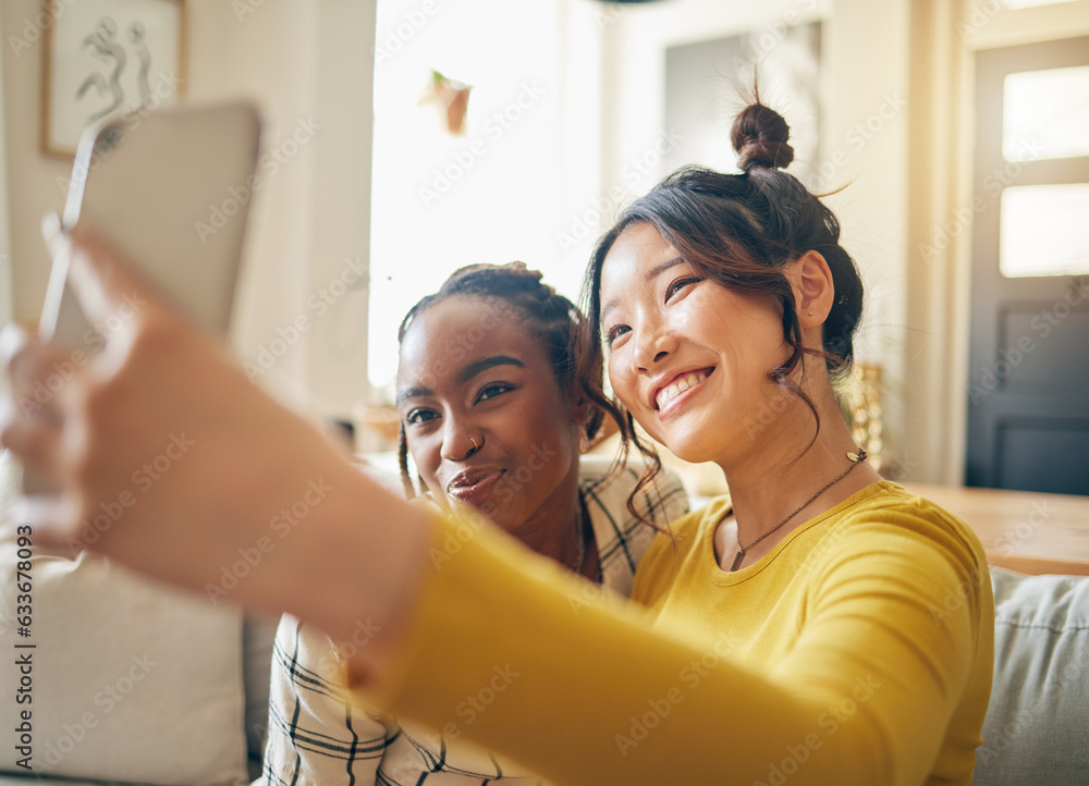 Social media, friends and selfie with women in living room for happy ...