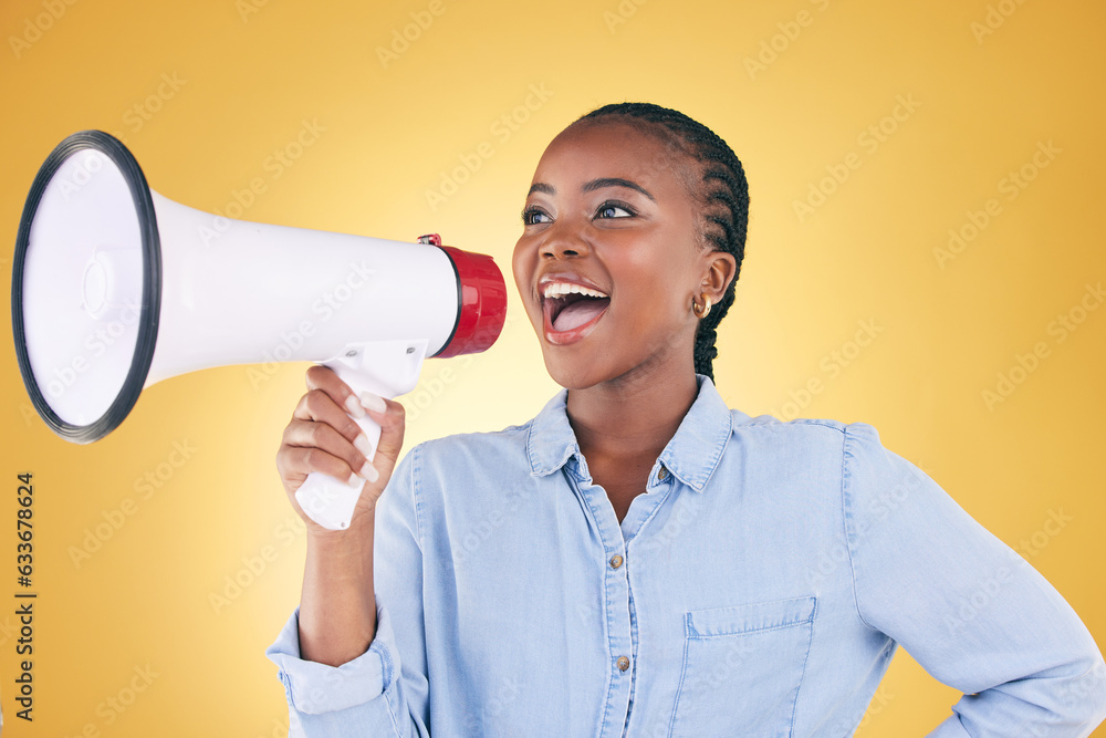 African woman, megaphone and shout in studio with speech, ideas and ...