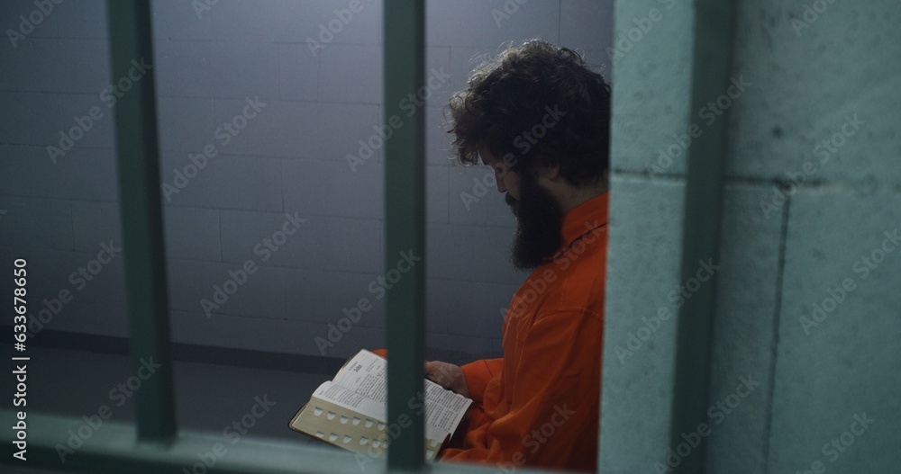 Male prisoner in orange uniform sits on the bed, reads Bible, looks at ...