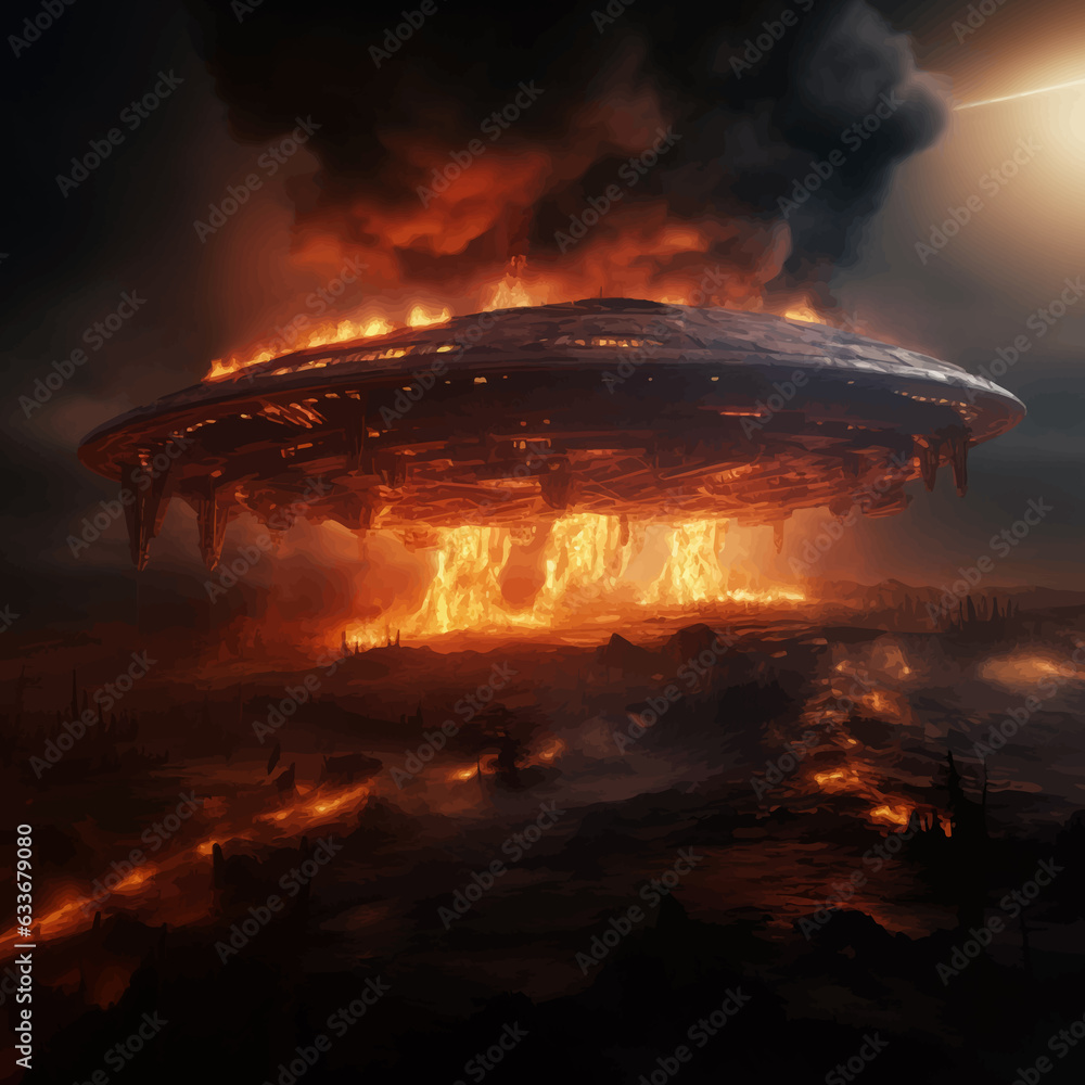Futuristic spaceship in the fire. Alien spaceship flying in deep space ...
