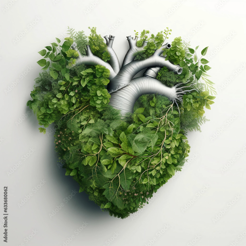 Human heart made of green plants, medical illustration art of muscle ...