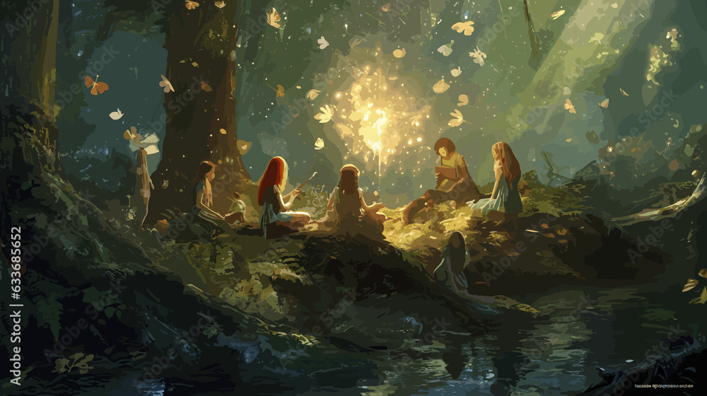 A gathering of mythical beings in a hidden forest glade, medium digital ...