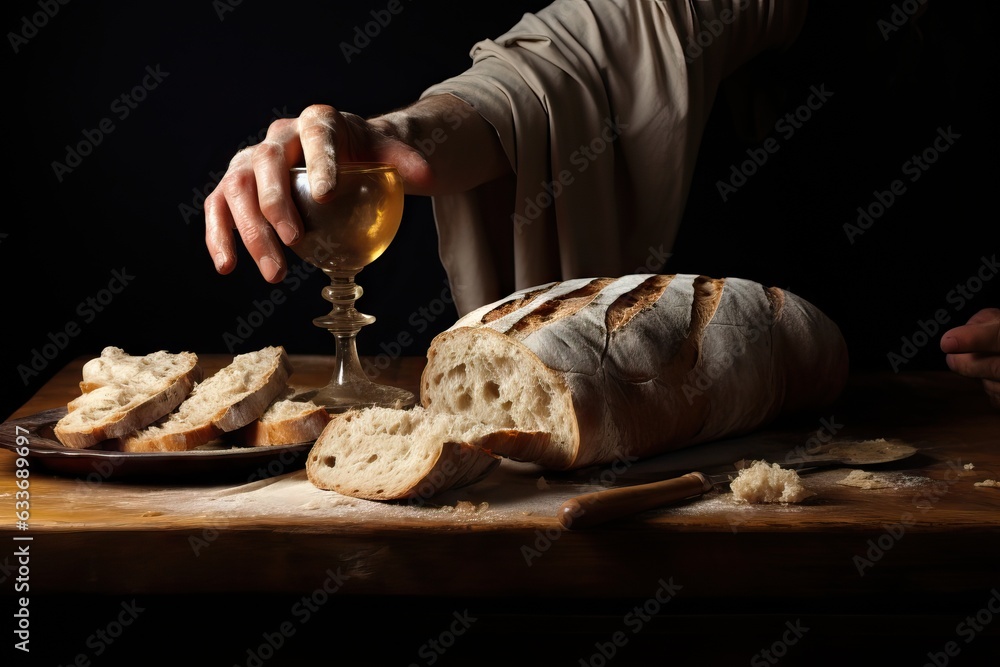 Symbolic Reenactment: Central Figure's Hands Breaking Bread as a ...