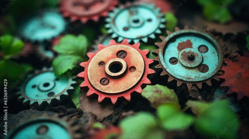 Garden sculptures of corroded green and red metal flowers made from ...