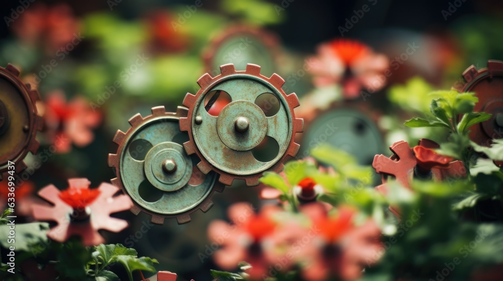 Garden sculptures of corroded green and red metal flowers made from ...