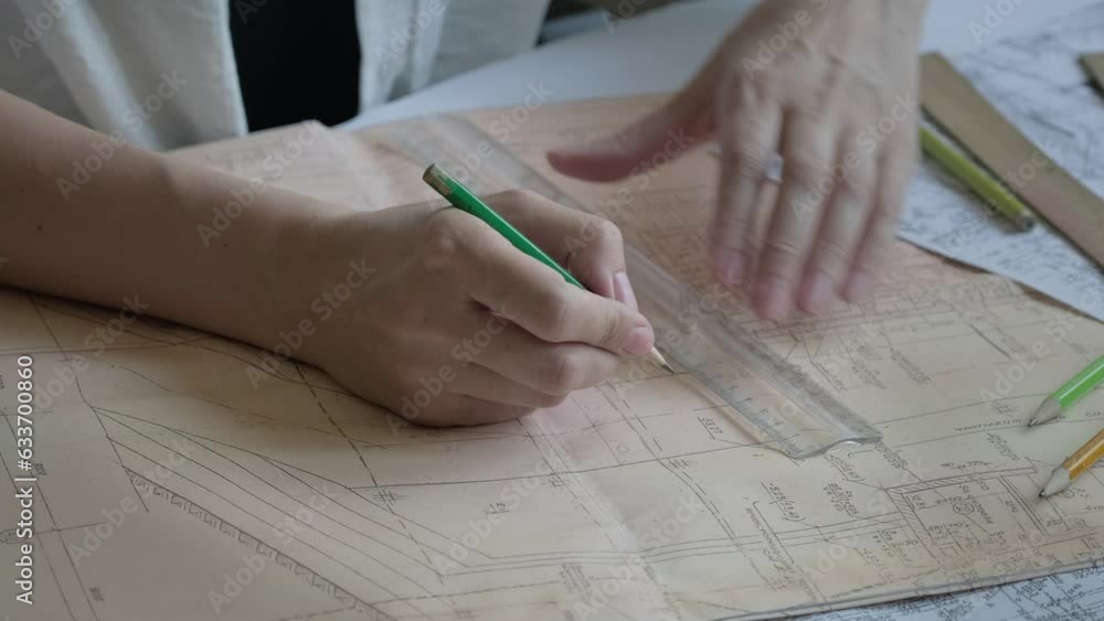 Architect using ruler and pencil to make blueprints on old paper ...