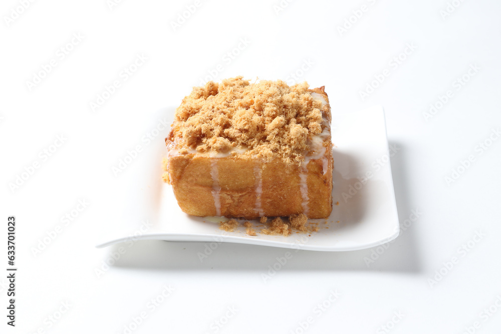 tall French square toast with chicken floss and butter milk salad sauce ...