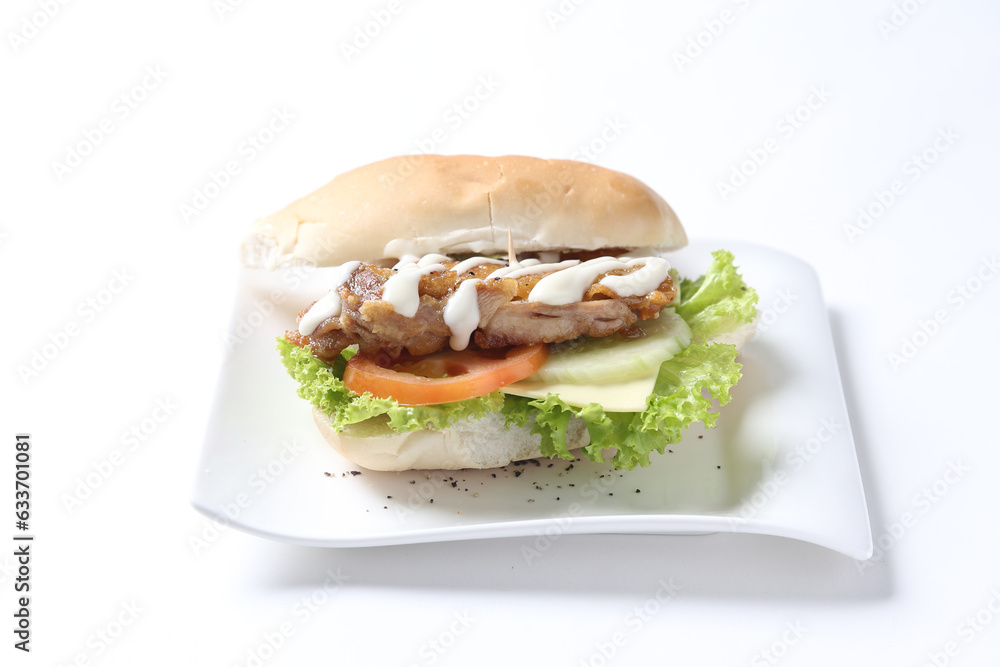 speciality grilled bbq chicken chop burger bun with cheese, vegetables ...