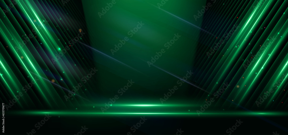 Abstract elegant dark green stage background with blue neon line and ...
