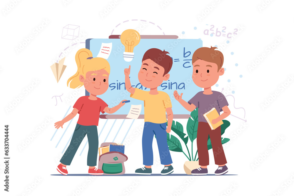 Teamwork school concept with people scene in the flat cartoon style. A ...