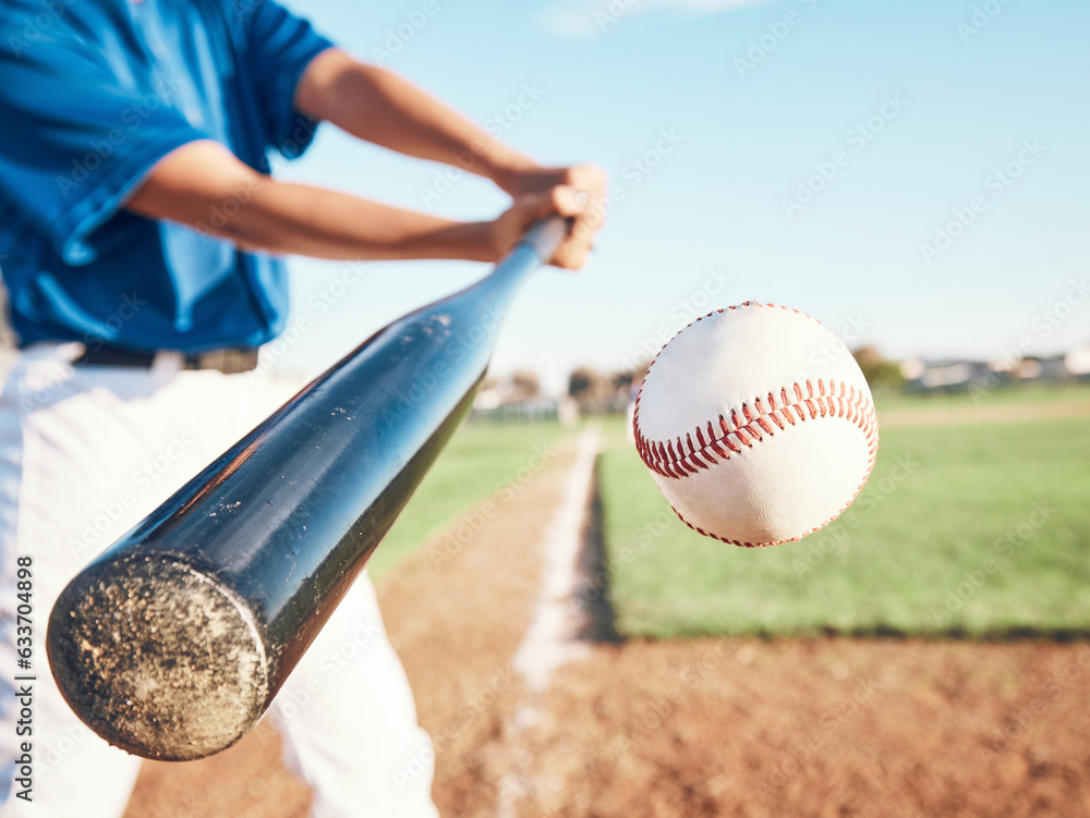 Baseball, hit and person on field for in closeup training, sports and ...