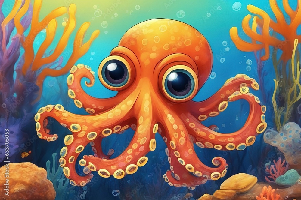 cartoon sea octopus with red eyes on the sea background. Stock ...