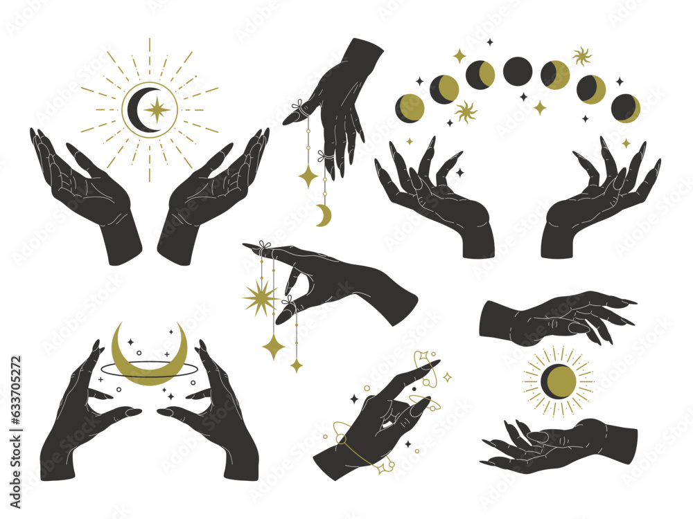 Magic witch hands set. Mystical female hand palms holding moon and ...